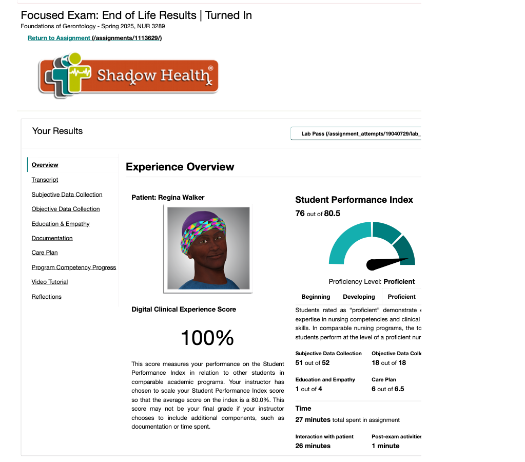 Regina Walker Shadow Health End of Life - NursingProxy